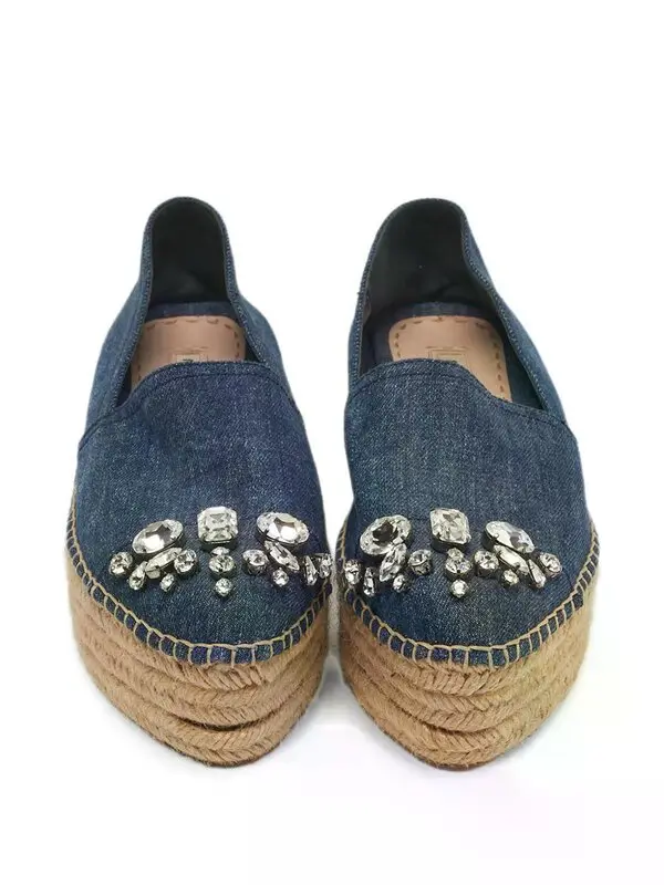 Miu Miu Crystal Embellished Denim Espadrille Platform Wedge Shoes