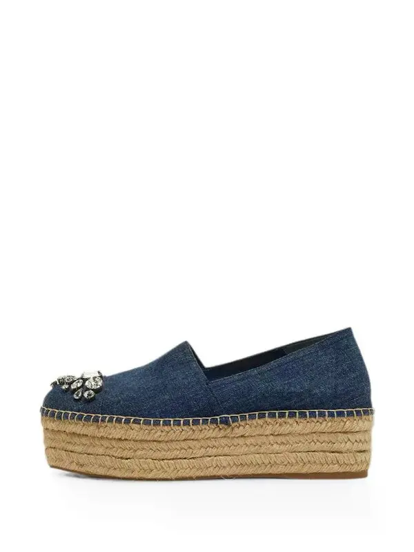 Miu Miu Crystal Embellished Denim Espadrille Platform Wedge Shoes