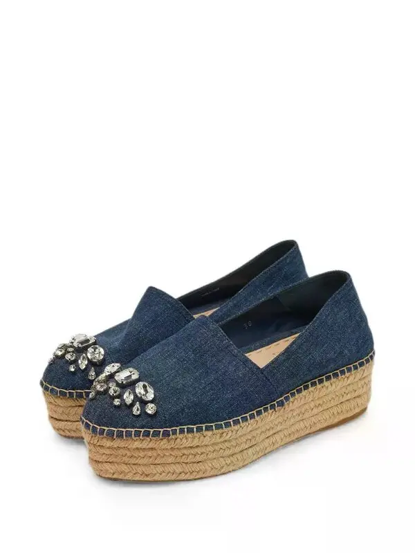 Miu Miu Crystal Embellished Denim Espadrille Platform Wedge Shoes
