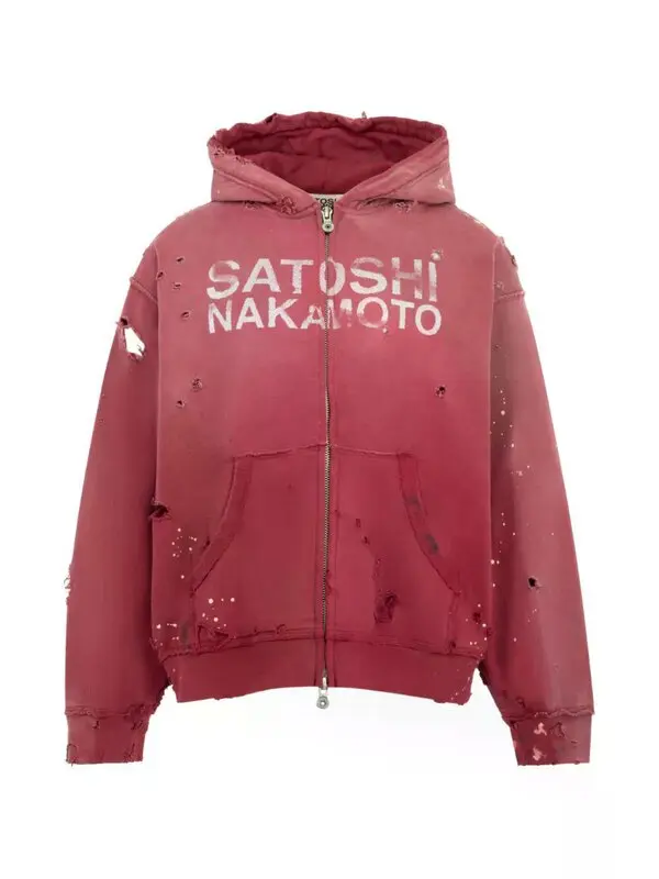SATOSHI NAKAMOTO Luke Distressed Logo-print Hoodie - Red