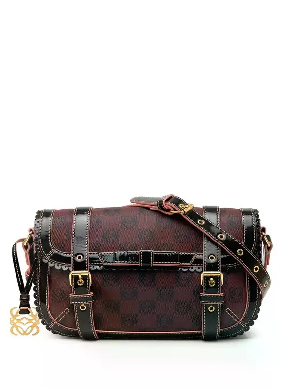 Loewe 2006 Sequin Trimmed Anagram Pvc Coated Canvas Double Buckle Flap Shoulder Bag - Red