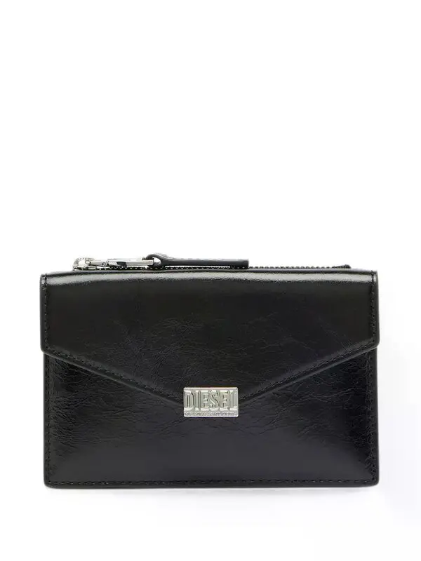 DIESEL® Envelope-style Card Holder In Shiny Wrinkled Leather - Black