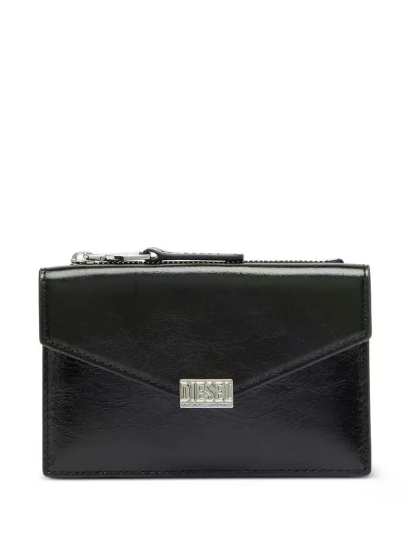 DIESEL® Envelope-style Card Holder In Shiny Wrinkled Leather - Black