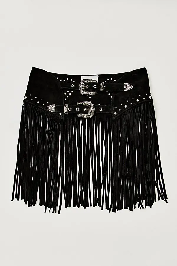 UNDERSTATED LEATHER Embellished Suede Skirt Belt With Fringe And Buckles - Black