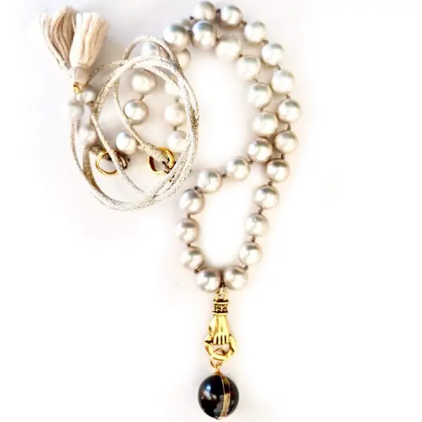 Persia Donà Jewelry Handcrafted Pearl Necklace With Vintage Brass Pendant - Gold