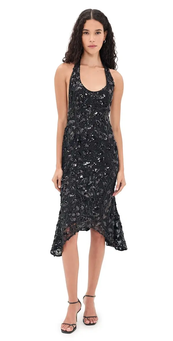 GUIZIO Gisele Sequin Lace Halterneck Dress - Black