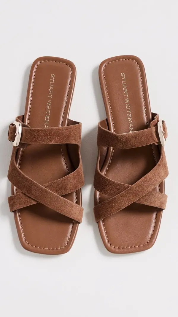 STUART WEITZMAN Sai Suede Slides With Gold-tone Buckle