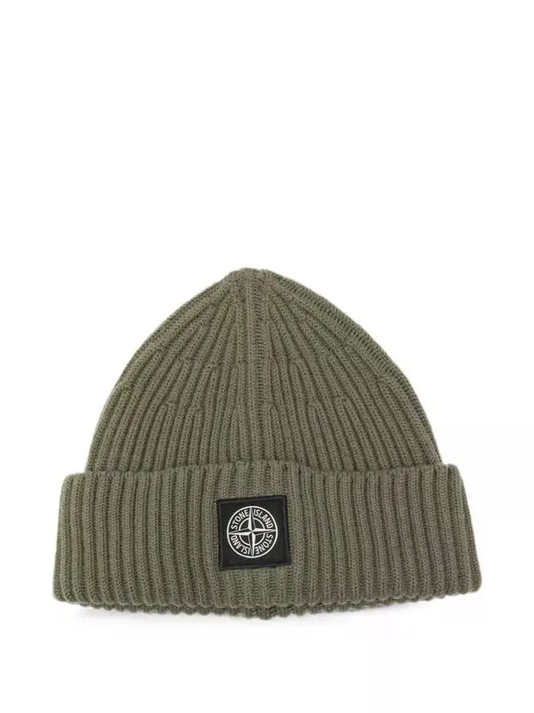 Stone Island Logo Patch Ribbed Beanie - Green