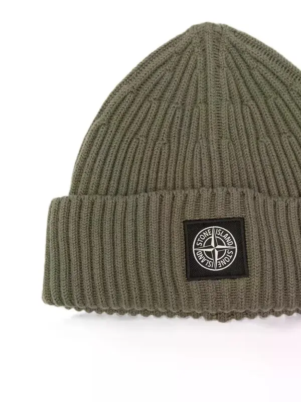 Stone Island Logo Patch Ribbed Beanie - Green