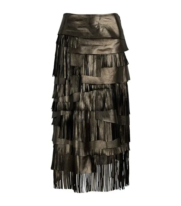 Ralph Lauren Metallic Leather Belinda Fringe Skirt - Gold