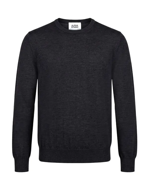 Alpha Studio Sweater Charcoal Size Merino Wool, Ovine Leather