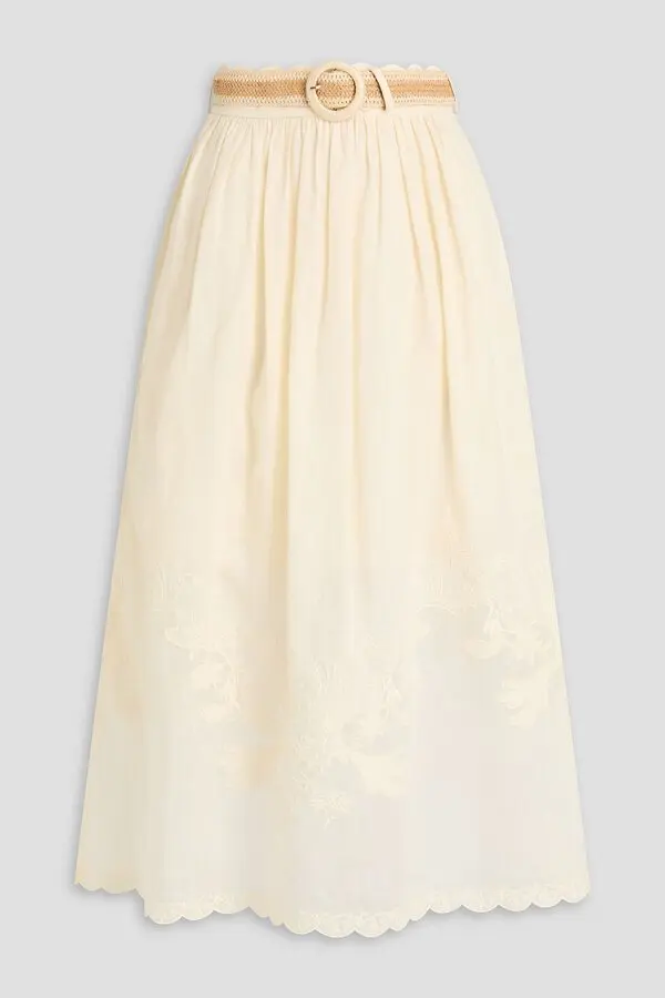 Zimmermann Belted Embroidered Linen Midi Skirt - Ecru