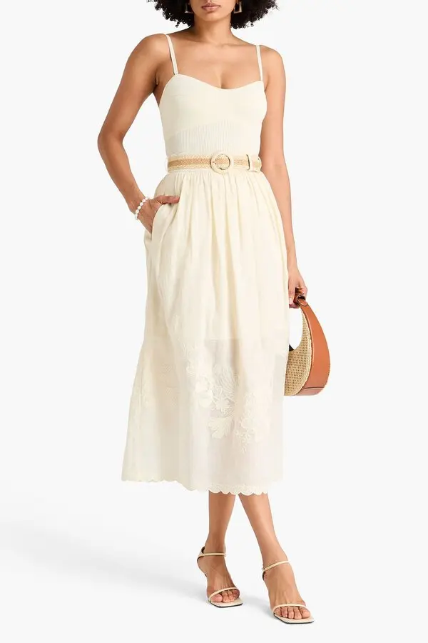Zimmermann Belted Embroidered Linen Midi Skirt