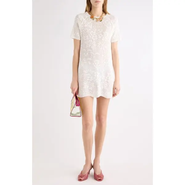 Chloé Short Sleeve Floral Pointelle Stitch Cotton Minidress - White