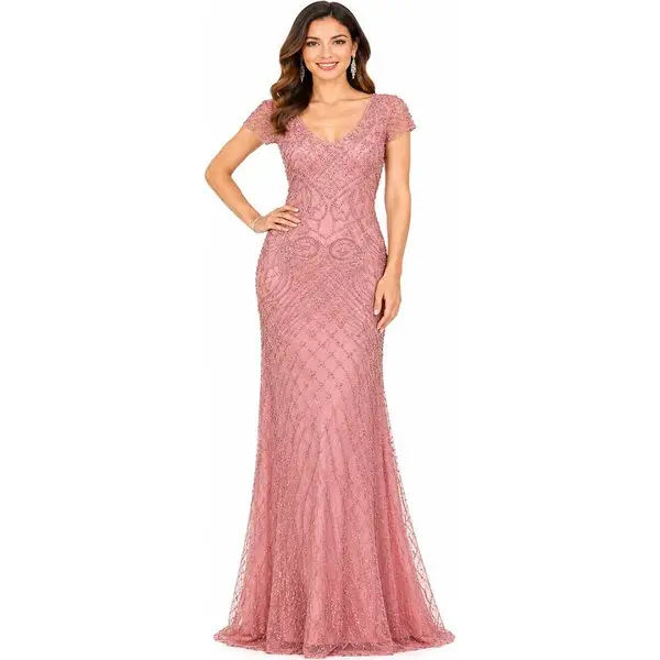 LARA NEW YORK Beaded Cap Sleeve Gown With V-neckline - Rose