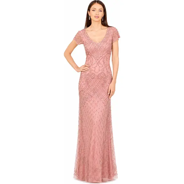 LARA NEW YORK Embellished V-neck Cap Sleeve Gown - Rose