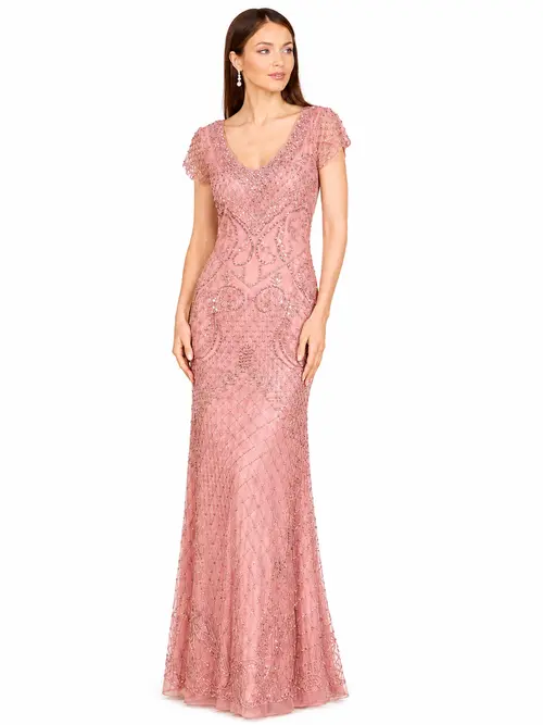 LARA NEW YORK Embellished V-neck Cap Sleeve Gown - Rose