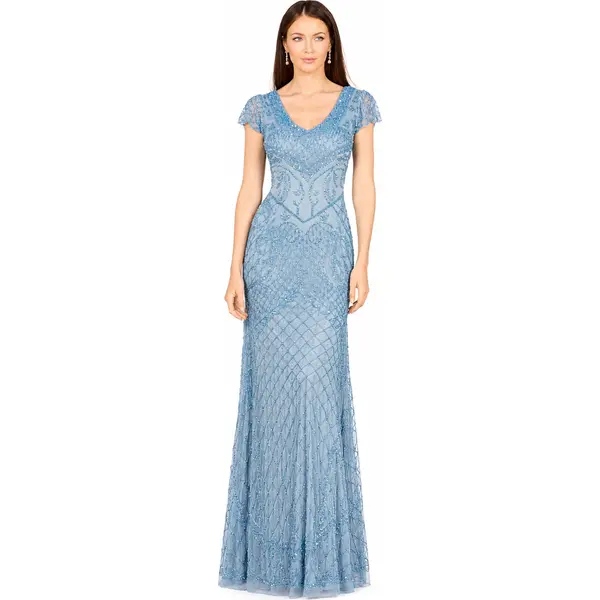 LARA NEW YORK Embellished V-neck Cap Sleeve Gown - Slate