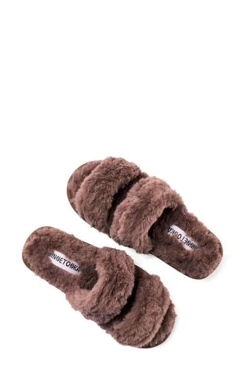 Minnetonka Teddy Faux Fur Two Band Slipper - Chocolate
