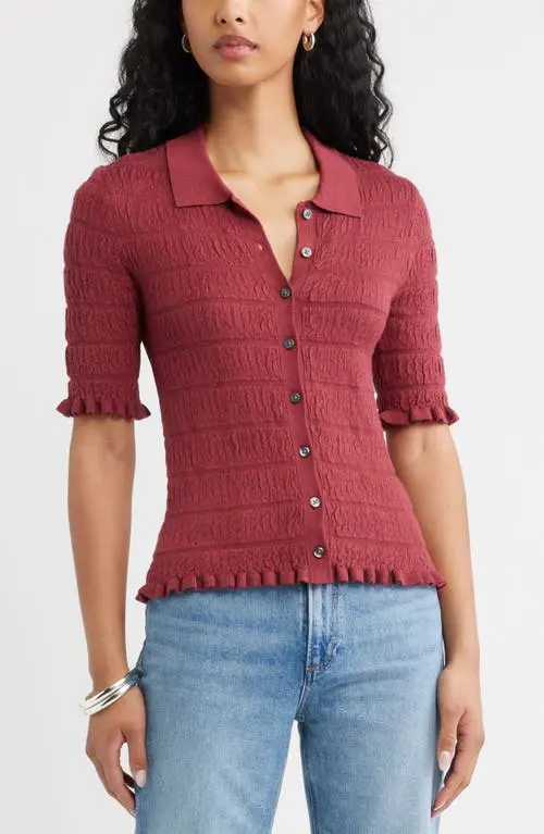 OPEN EDIT Textured Short Sleeve Cardigan - Red Ruby