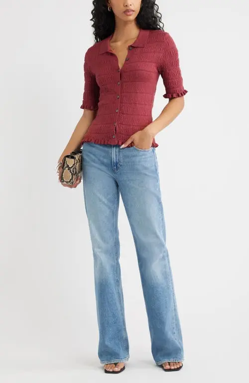 OPEN EDIT Textured Short Sleeve Cardigan - Red Ruby