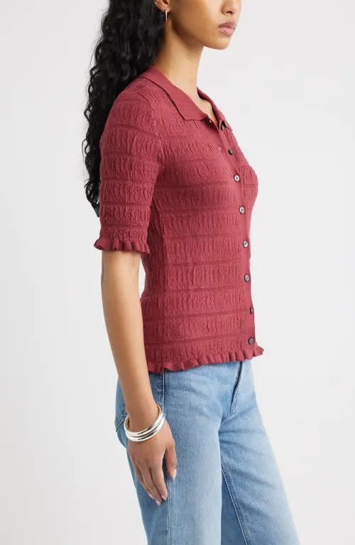 OPEN EDIT Textured Short Sleeve Cardigan - Red Ruby