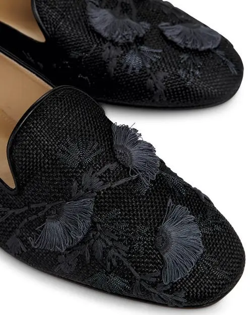 ARTEANA Flora Embroidered Raffia Smoking Slippers - Black