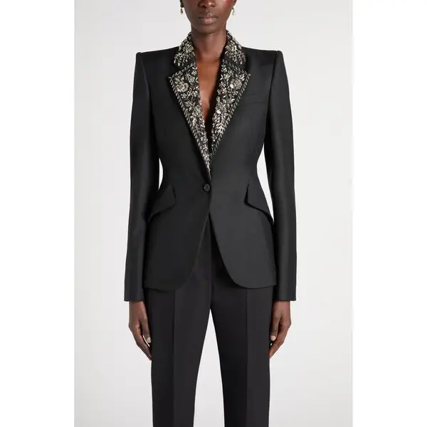 Alexander McQueen Embroidered Lapel Single-breasted Wool Jacket