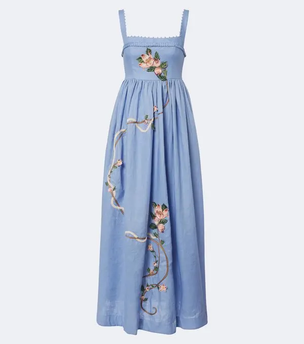 Agua Bendita Barbara Embroidered Linen Maxi Dress - Blue