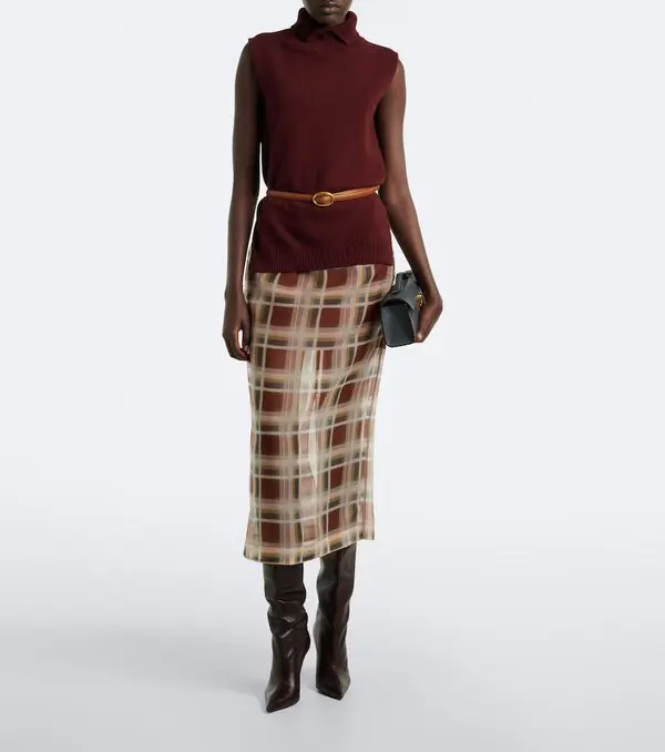 FRAME Check Silk Midi Skirt