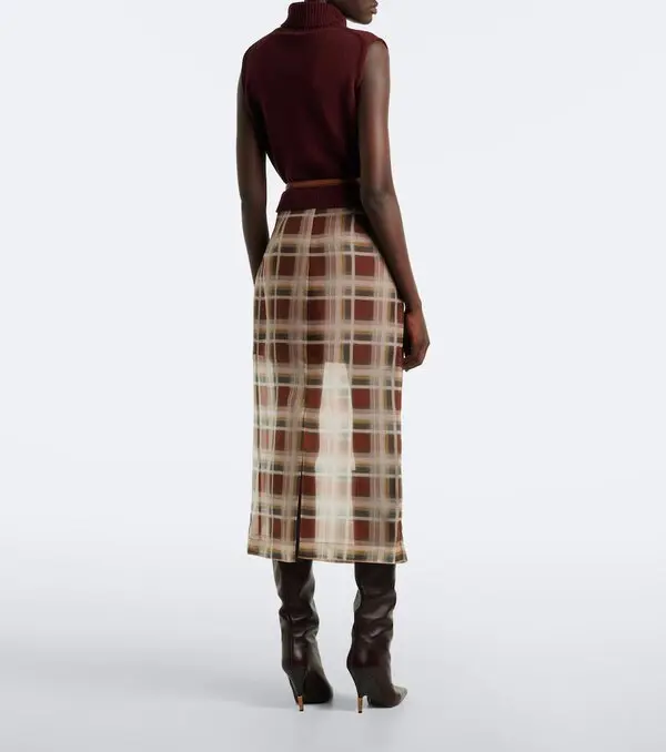 FRAME Check Silk Midi Skirt