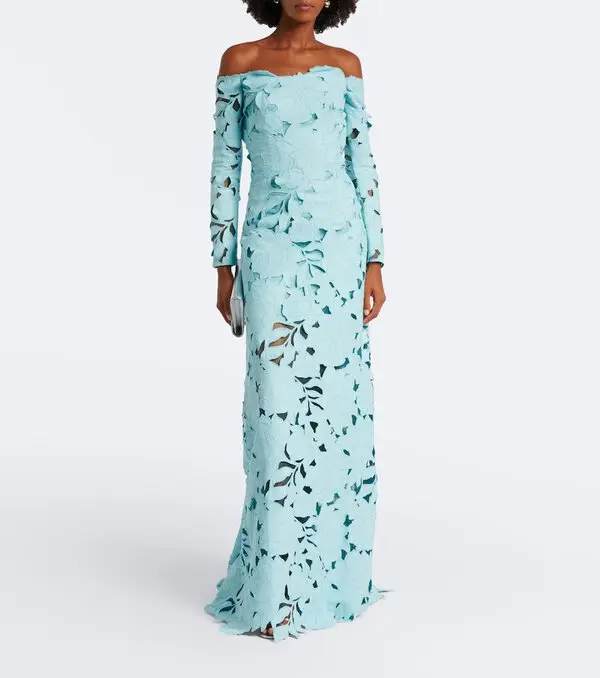 Costarellos Off-shoulder Floral Guipure Lace Gown - Blue