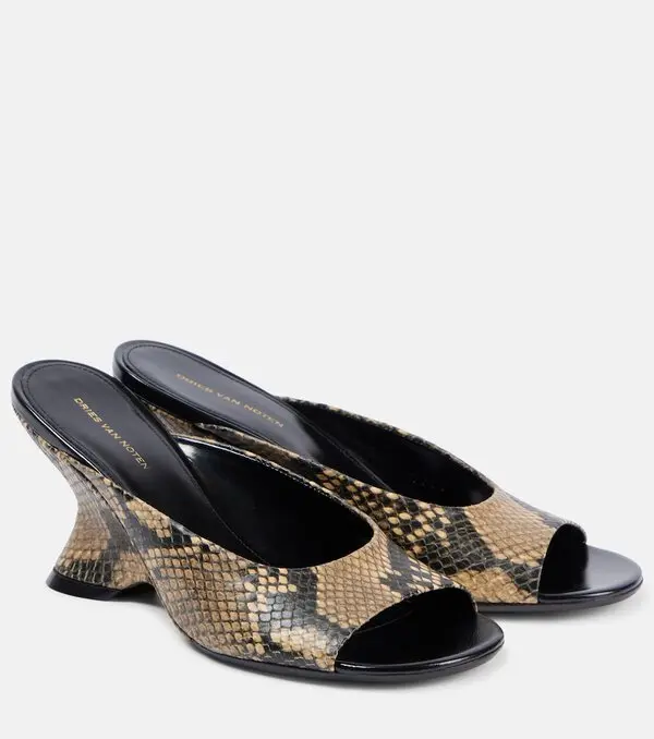 Dries Van Noten Snake-effect Leather Mules - Beige