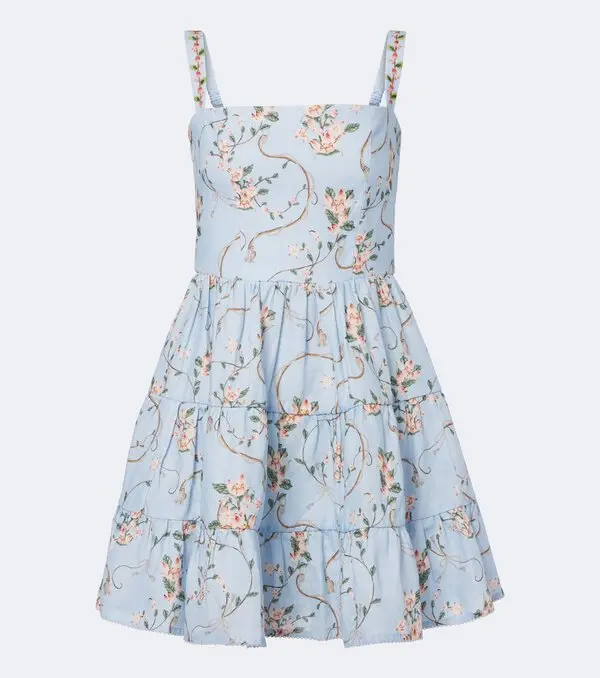 Agua Bendita Floral Tiered Linen Mini Dress - Blue