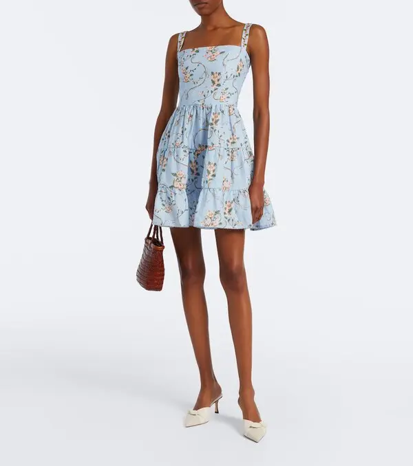 Agua Bendita Floral Tiered Linen Mini Dress