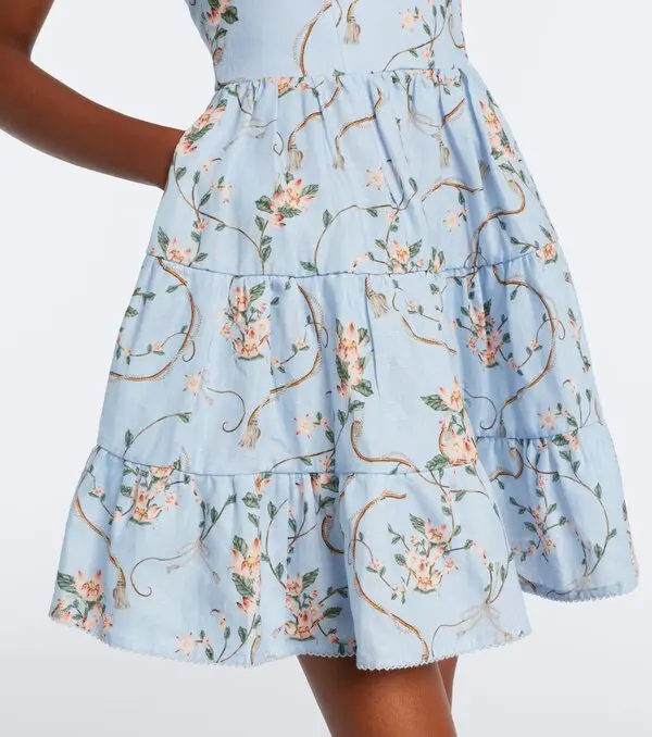 Agua Bendita Floral Tiered Linen Mini Dress