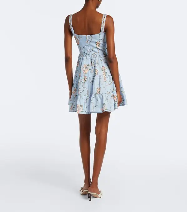 Agua Bendita Floral Tiered Linen Mini Dress