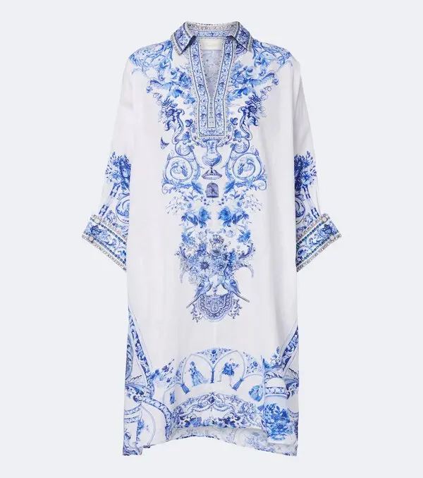 Camilla Floral Crystal-embellished Linen Kaftan - Blue