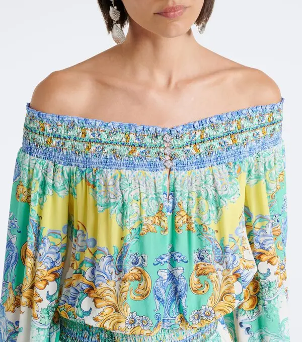 Camilla Off-shoulder Printed Embellished Silk Minidress - Multicoloured