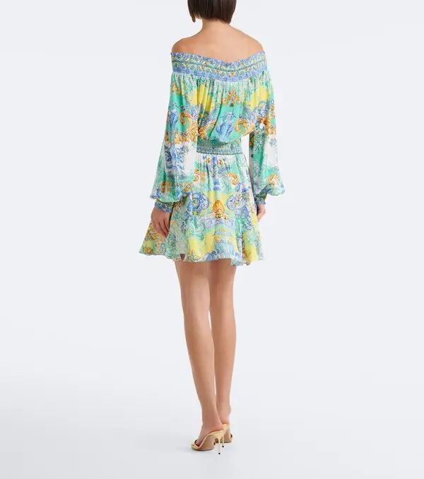 Camilla Off-shoulder Printed Embellished Silk Minidress - Multicoloured
