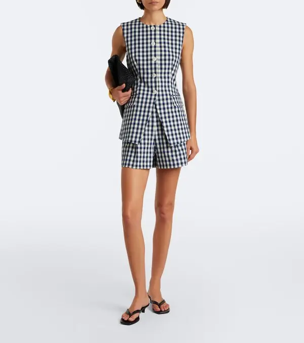 Veronica Beard Haina Gingham Pleated Cotton Shorts - Blue