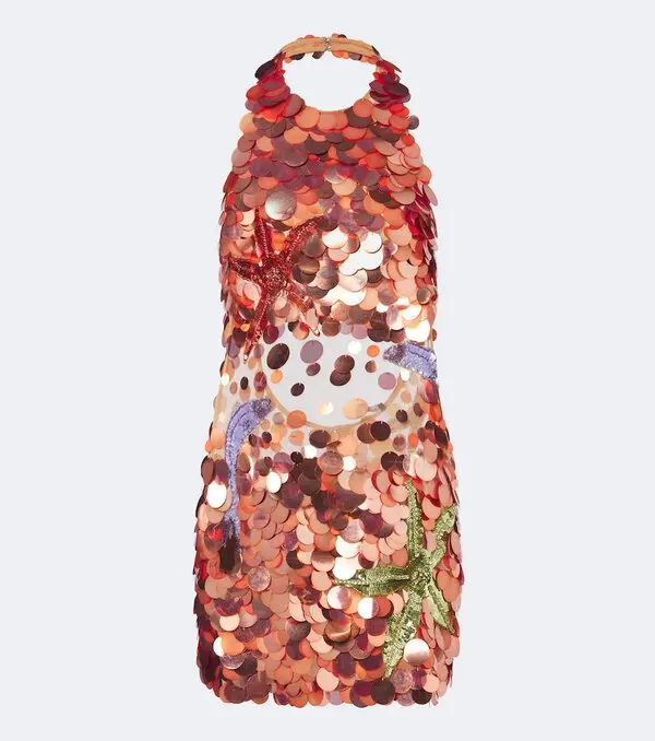 Retrofete Dorothy Embellished Halterneck Mini Dress - Orange