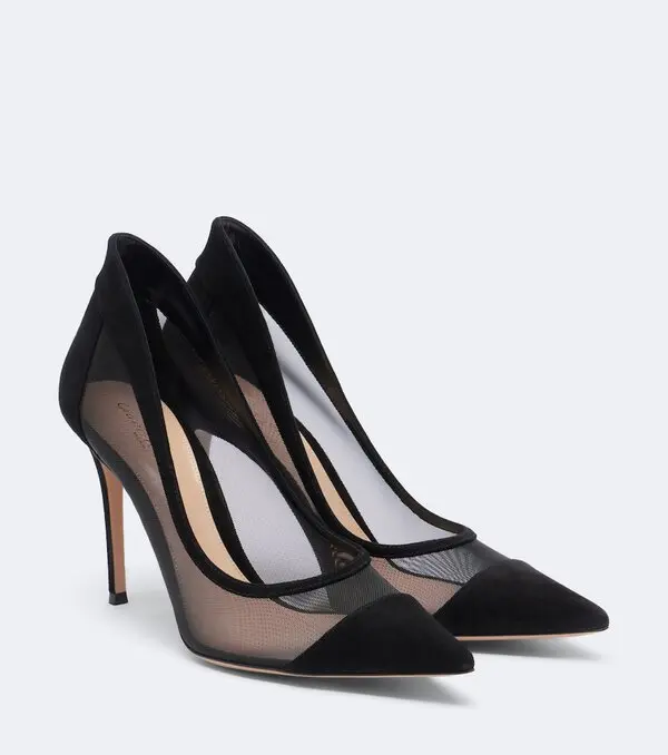 GIANVITO ROSSI Mesh And Suede Pointed Toe Pumps - Black