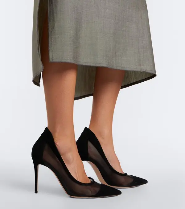 GIANVITO ROSSI Mesh And Suede Pointed Toe Pumps