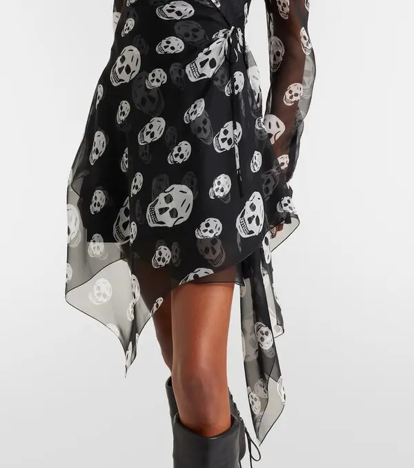 Alexander McQueen Skull Asymmetric Silk Chiffon Wrap Dress