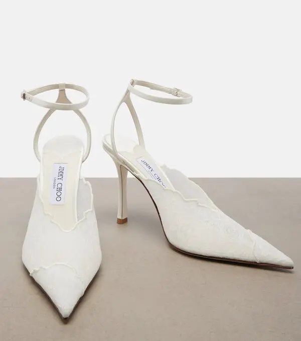 JIMMY CHOO Faiz Lace And Leather Pumps With Ankle Strap - White