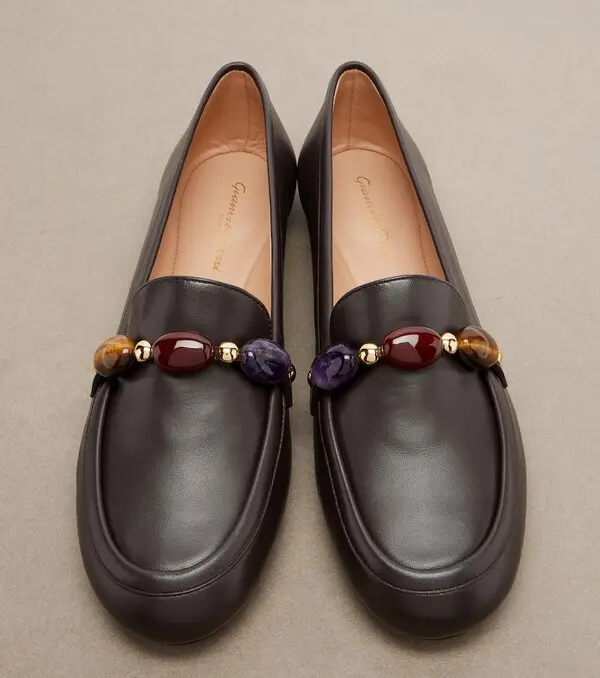 GIANVITO ROSSI Embellished Leather Loafers - Brown