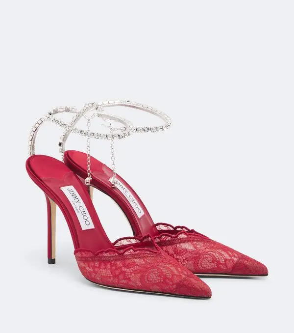 JIMMY CHOO Saeda Embellished Lace Pumps - Red
