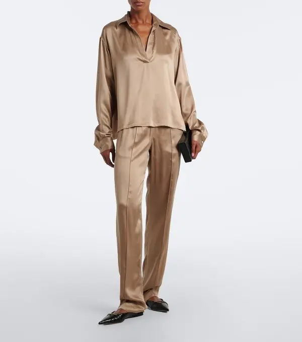 TOM FORD Silk Satin Blouse With Classic Collar - Beige