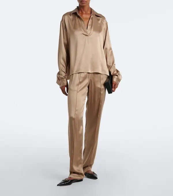 TOM FORD Silk Satin Straight Leg Pants - Beige